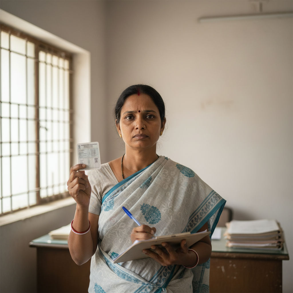 Indian mahila ration card surrender karne ke liye pareshaan dikh rahi hai
